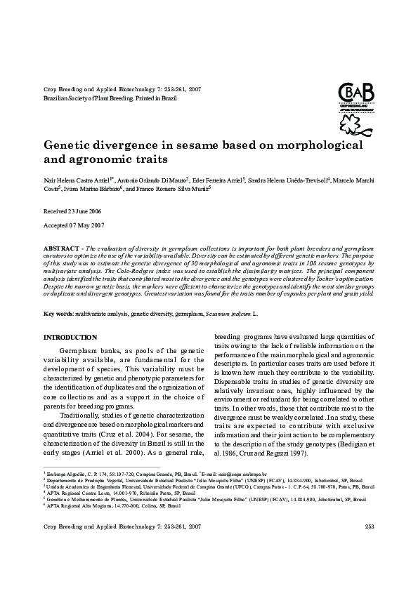 (PDF) Genetic divergence in sesame based on morphological and agronomic traits
