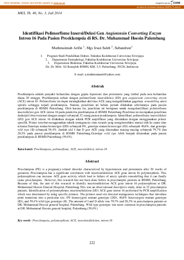 (PDF) Identifikasi Polimorfisme Insersi/Delesi Gen Angiotensin ...