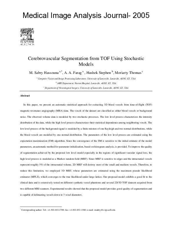 Pdf Cerebrovascular Segmentation From Tof Using Stochastic Models