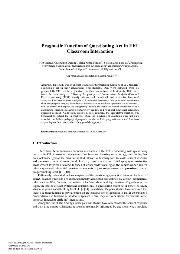 (PDF) Pragmatic Function of Questioning Act in EFL Classroom Interaction
