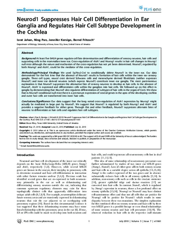 (PDF) Neurod1 Suppresses Hair Cell Differentiation in Ear Ganglia and ...