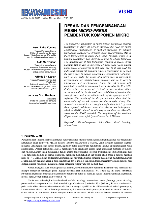 (PDF) Desain Dan Pengembangan Mesin Micro-Press Pembentuk Komponen Mikro
