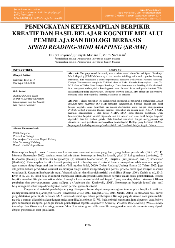 (PDF) Peningkatan Keterampilan Berpikir Kreatif dan Hasil Belajar Kognitif melalui Pembelajaran ...