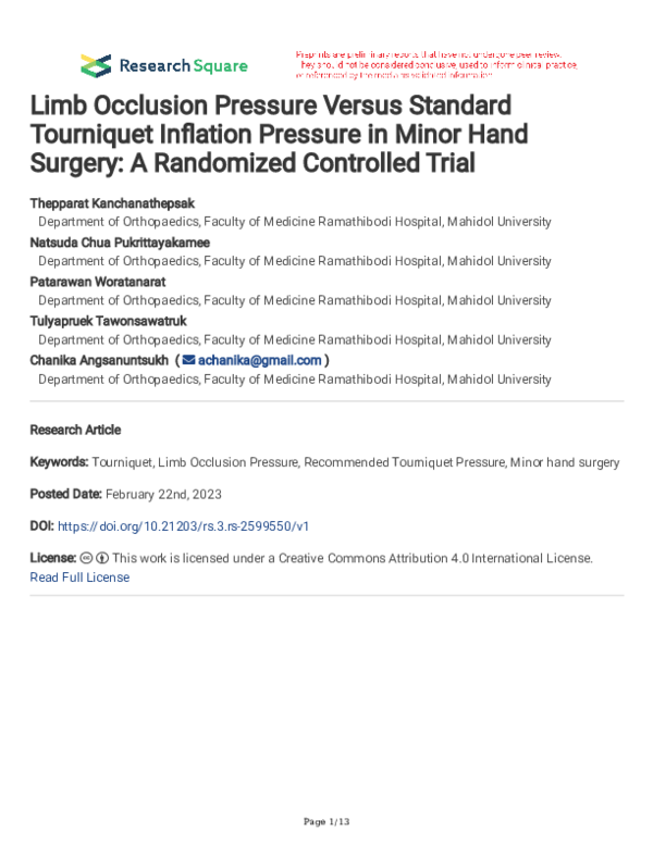(PDF) Limb Occlusion Pressure Versus Standard Tourniquet Inflation ...