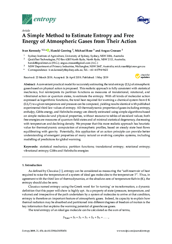 (PDF) A Simple Method to Estimate Entropy and Free Energy of Atmospheric Gases from Their Action