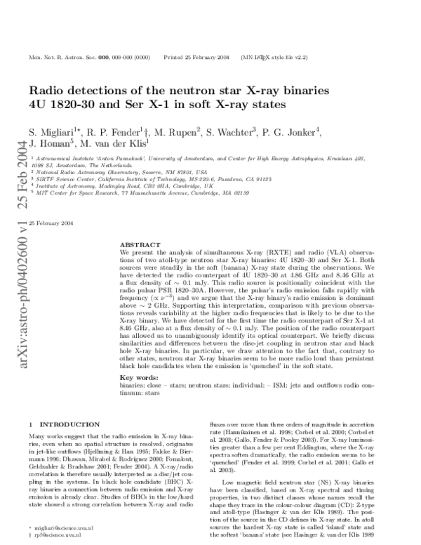 (PDF) Radio detections of the neutron star X-ray binaries 4U 1820 − 30 ...
