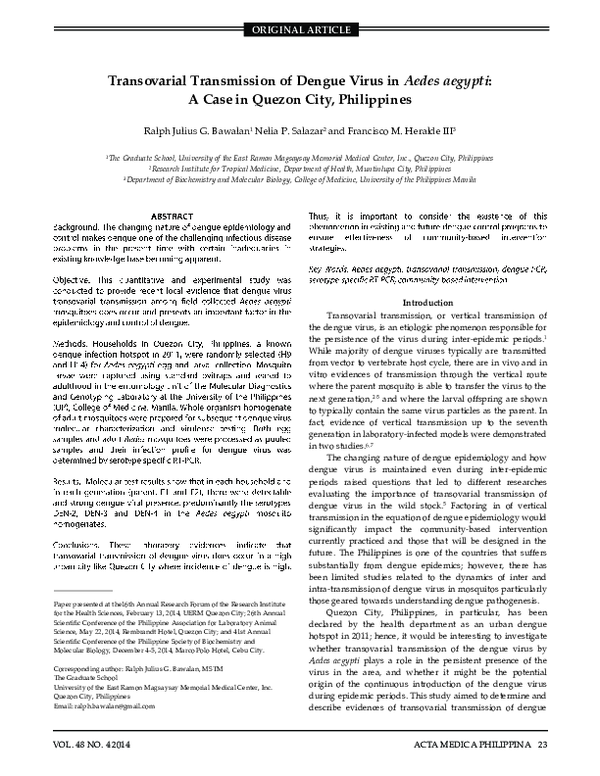 (PDF) Transovarial Transmission of Dengue Virus in Aedes aegypti: A Case in Quezon City, Philippine