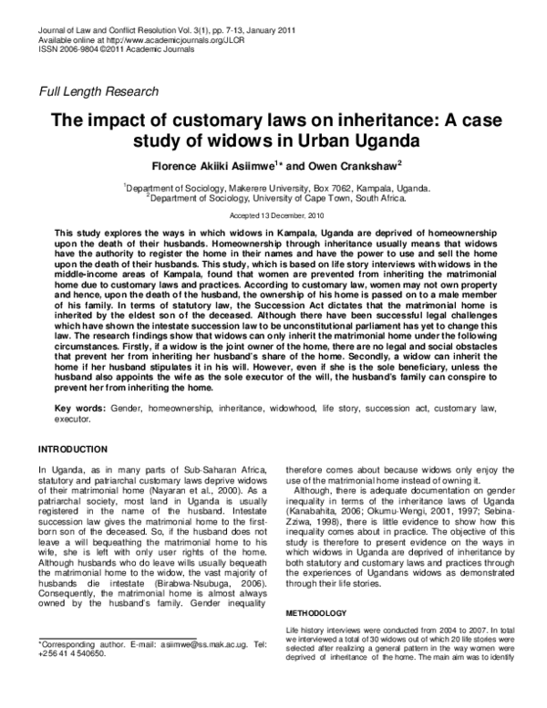(PDF) The impact of customary laws on inheritance: A case study of widows in Urban Uganda