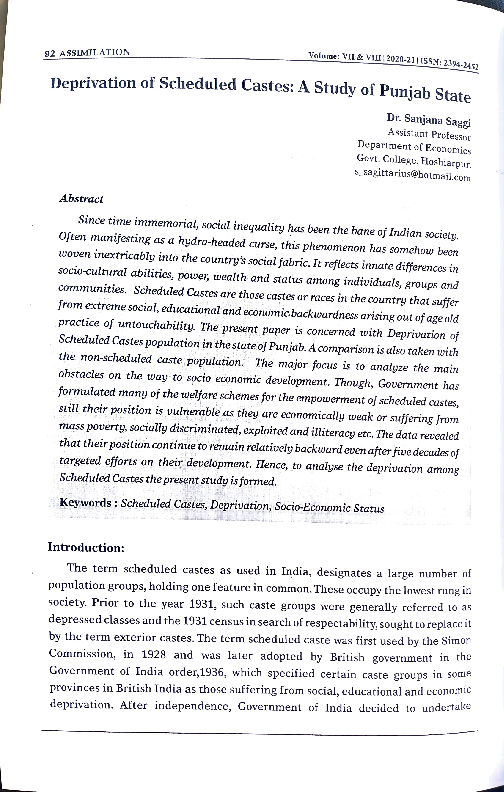 (PDF) Deprivation of Scheduled Castes: A Study of Punjab State. Dr ...