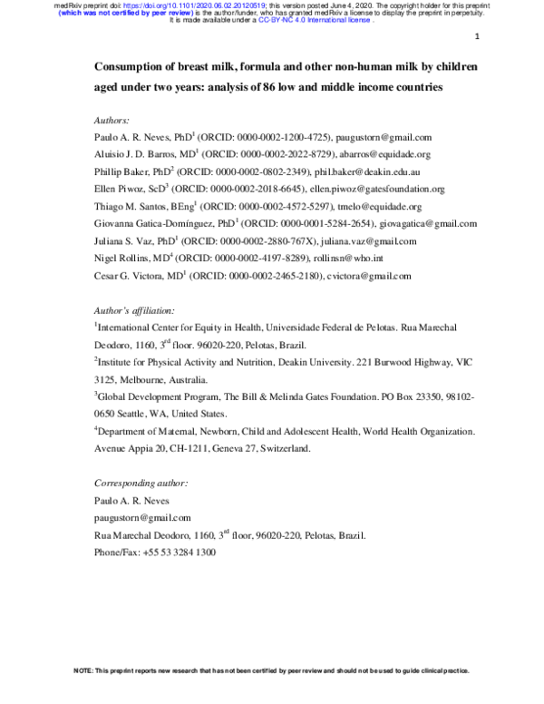 (PDF) Consumption of breast milk, formula and other non-human milk by ...