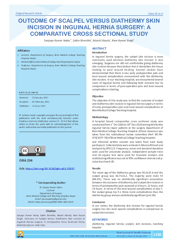 (PDF) Outcome of Scalpel versus Diathermy Skin Incision in Inguinal Hernia Surgery: A ...