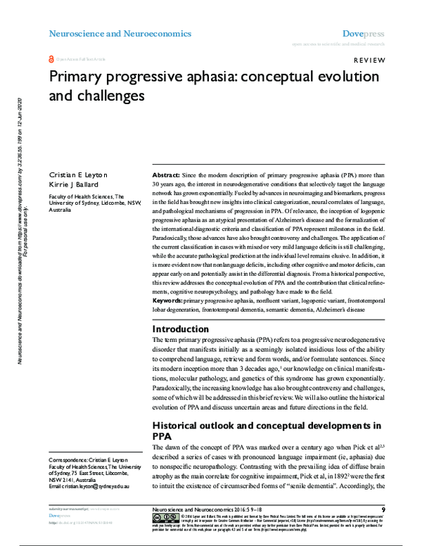 (PDF) Primary progressive aphasia: conceptual evolution and challenges