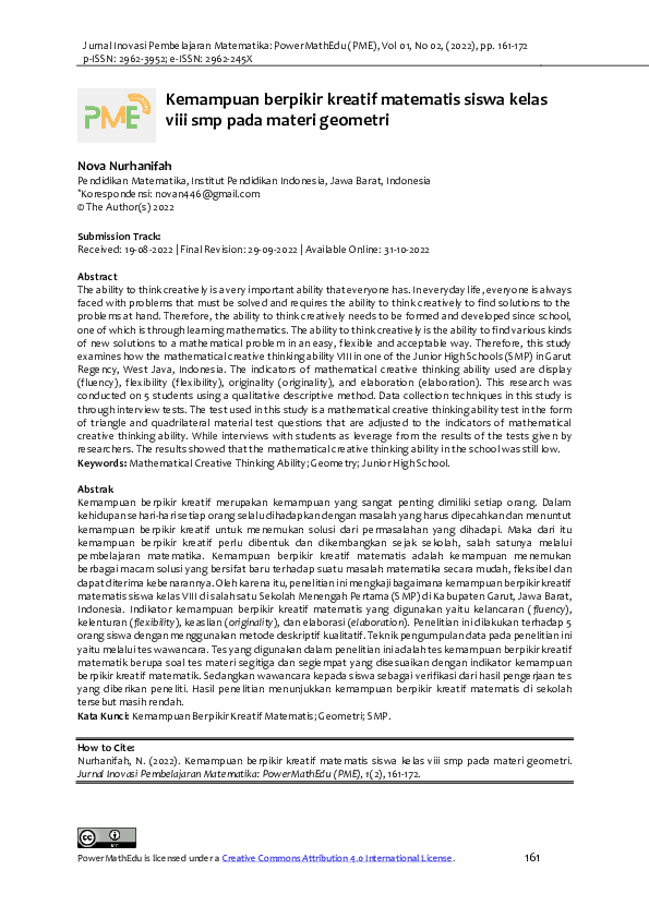 (PDF) Kemampuan berpikir kreatif matematis siswa kelas viii smp pada materi geometri