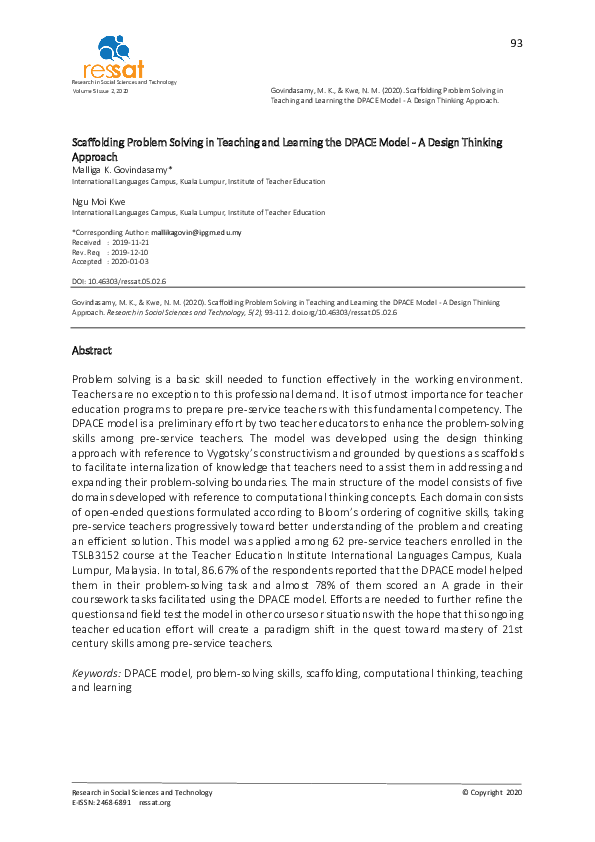 (PDF) Scaffolding Problem Solving in Teaching and Learning The DPACE Model - A Design Thinking ...