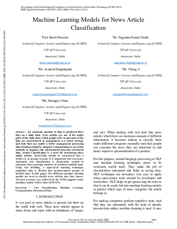 (PDF) Machine Learning Models for News Article Classification