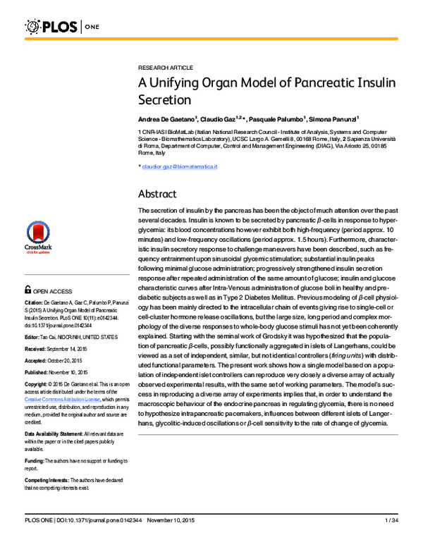 (PDF) A Unifying Organ Model of Pancreatic Insulin Secretion | Andrea ...