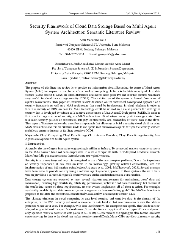 (PDF) Security Framework of Cloud Data Storage Based on Multi Agent System Architecture ...