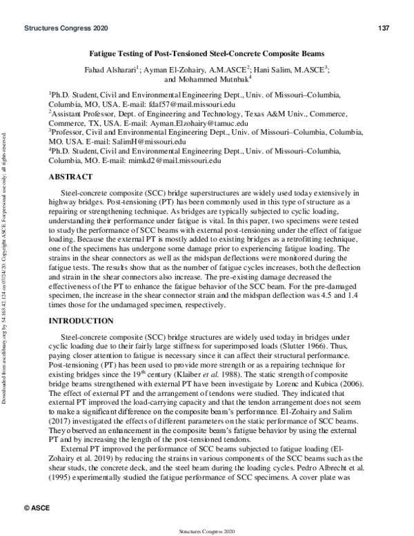 (PDF) Fatigue Testing of Post-Tensioned Steel-Concrete Composite Beams
