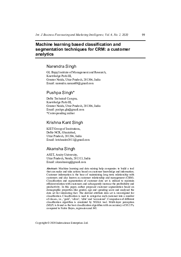 (PDF) Machine Learning based Classification and Segmentation Techniques for CRM: A Customer ...