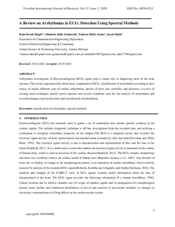 (PDF) A Review on Arrhythmias in ECG: Detection Using Spectral Methods