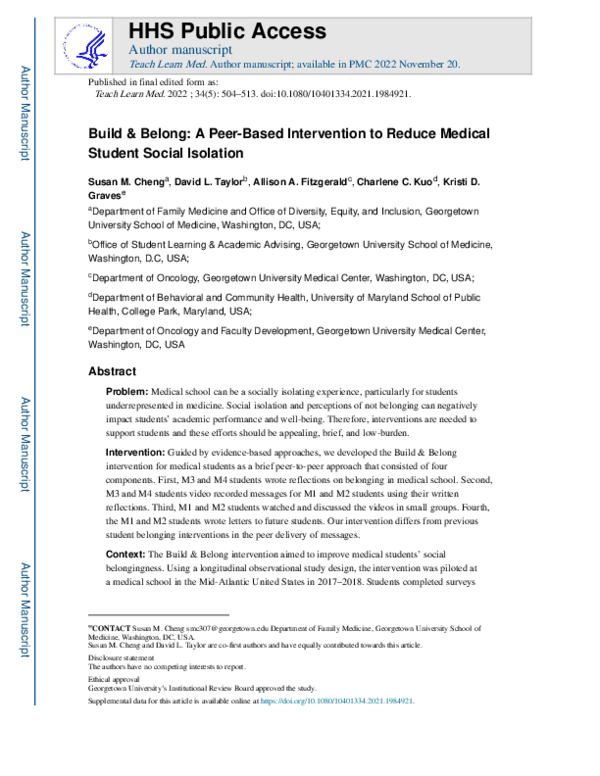 (PDF) Build & Belong: A Peer-Based Intervention to Reduce Medical ...