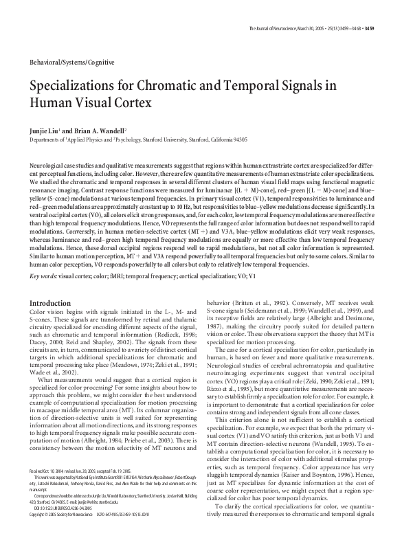 (PDF) Specializations for Chromatic and Temporal Signals in Human Visual Cortex