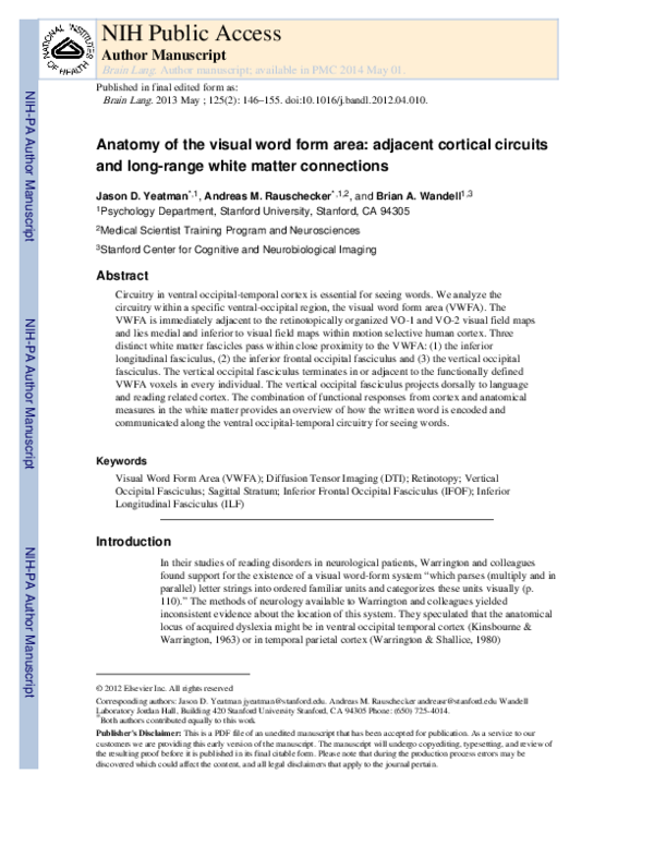 (PDF) Anatomy of the visual word form area: Adjacent cortical circuits ...
