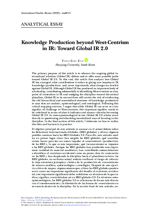 (PDF) Knowledge Production beyond West-centrism in IR: Toward Global IR 2.0