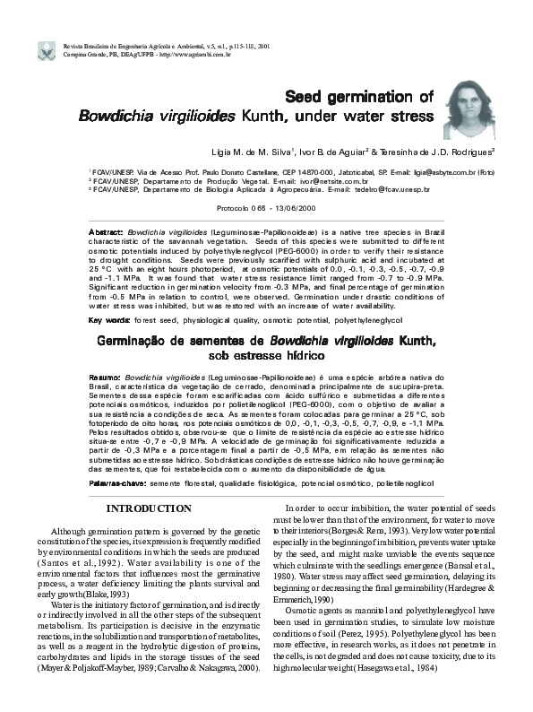 (PDF) Seed germination of Bowdichia virgilioides Kunth, under water stress