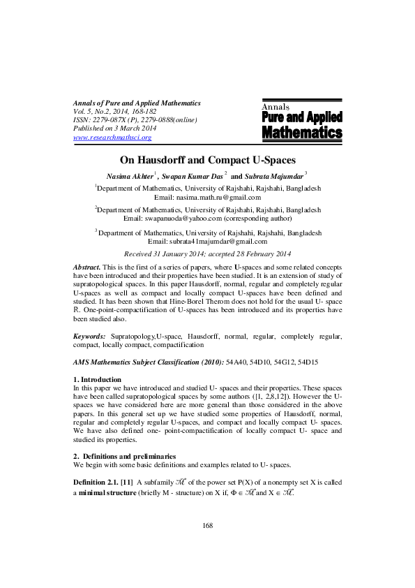 (PDF) On Hausdorff and Compact U-Spaces