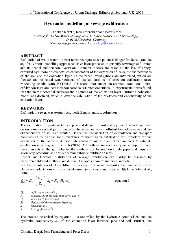 (PDF) Hydraulic modelling of sewage exfiltration