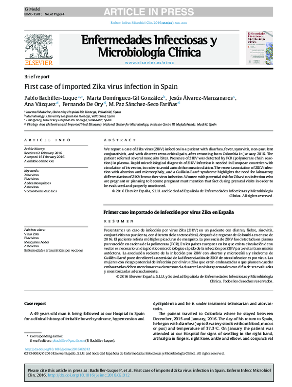 (PDF) First case of imported Zika virus infection in Spain