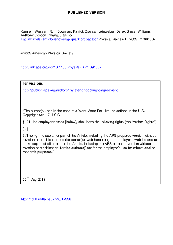 (PDF) Fat link irrelevant clover overlap quark propagator