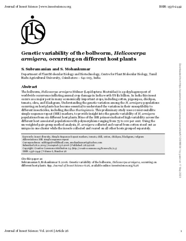 (PDF) Genetic variability of the bollworm, Helicoverpa armigera, occurring on different host plants