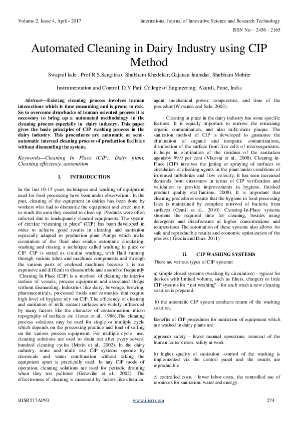 (PDF) Automated Cleaning in Dairy Industry using CIP Method