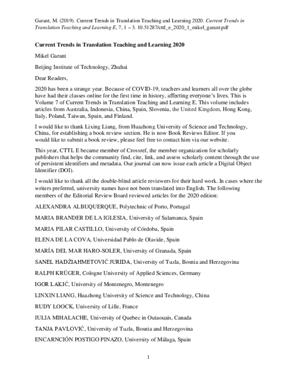 (PDF) Current Trends in Translation Teaching and Learning 2020