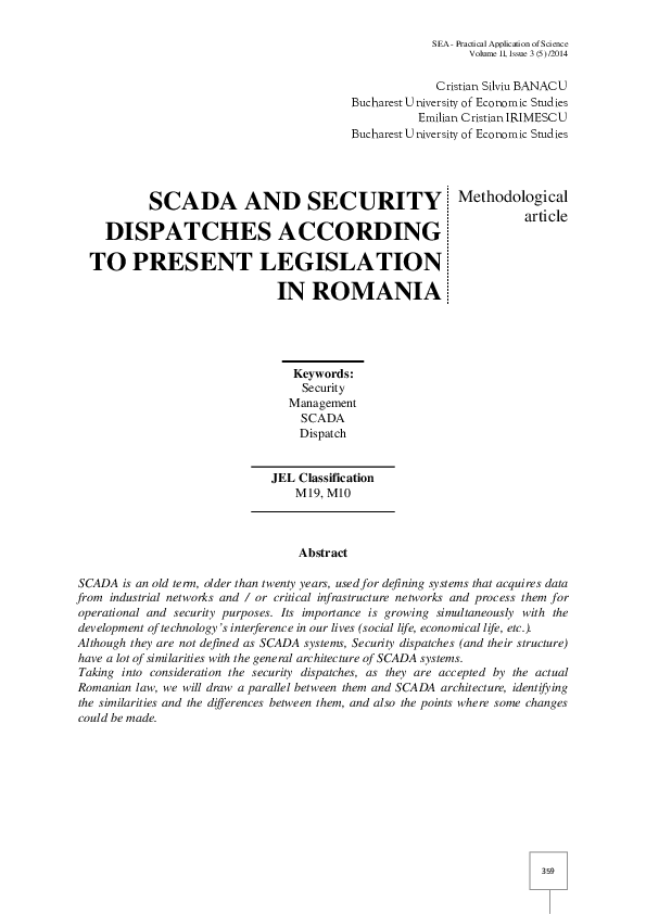 (PDF) SCADA Systems and Security Dispatches in Romania