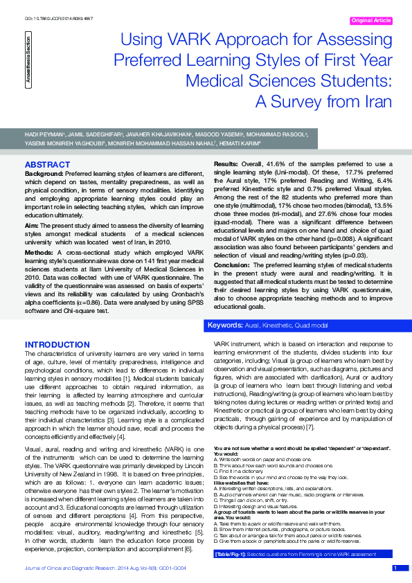 (PDF) Using VARK Approach for Assessing Preferred Learning Styles of First Year Medical Sciences ...
