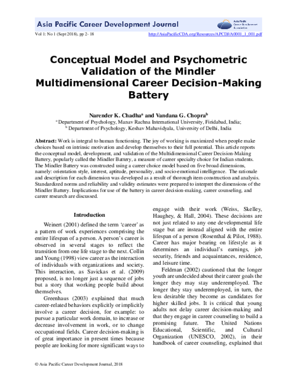 (PDF) Conceptual Model and Psychometric Validation of the Mindler Multidimensional Career ...