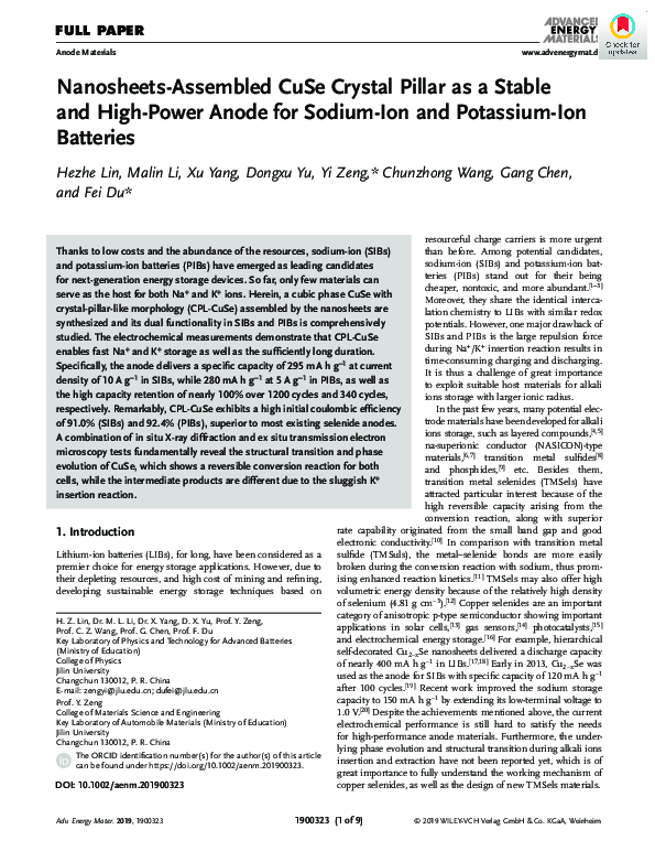 (PDF) Nanosheets‐Assembled CuSe Crystal Pillar as a Stable and High‐Power Anode for Sodium‐Ion ...