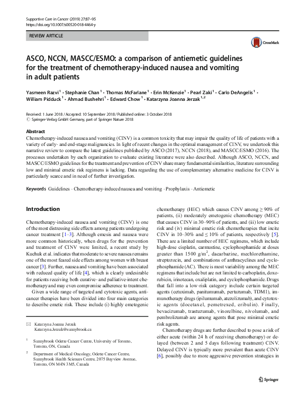 Pdf Asco Nccn Mascc Esmo A Comparison Of Antiemetic Guidelines For