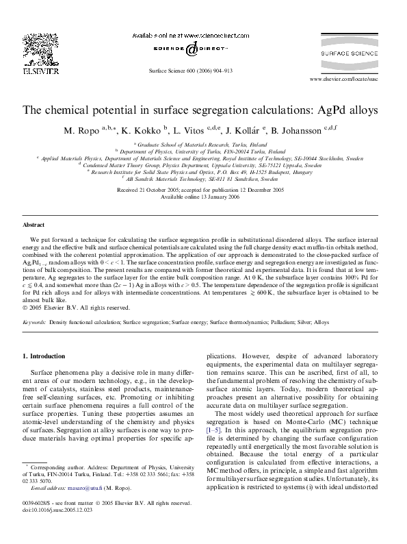 (PDF) The chemical potential in surface segregation calculations: AgPd ...