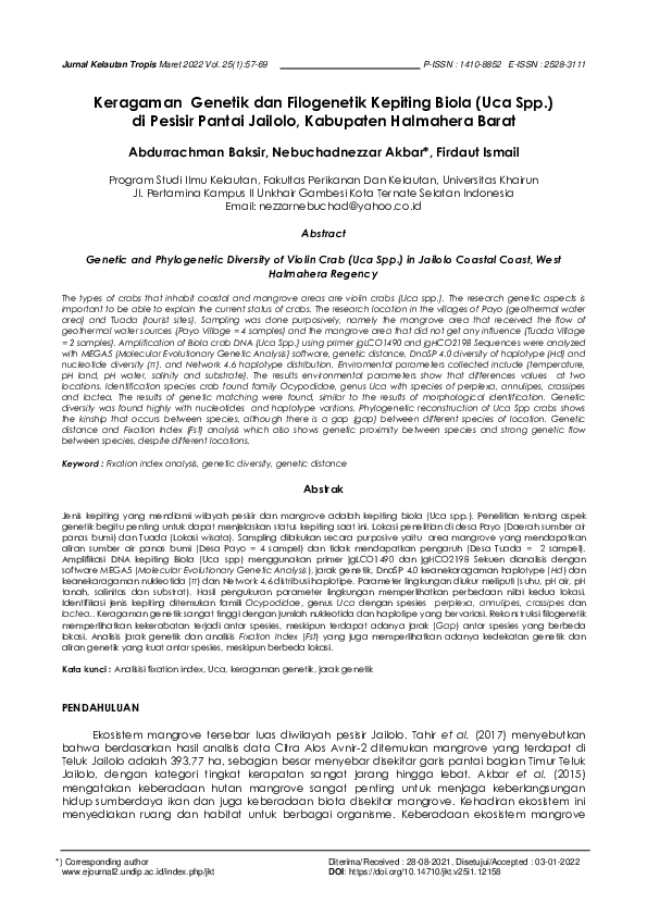 (PDF) Keragaman Genetik dan Filogenetik Kepiting Biola (Uca Spp.) di ...