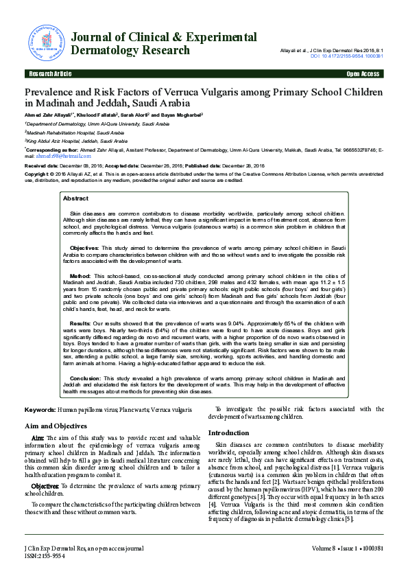 (PDF) Prevalence and Risk Factors of Verruca Vulgaris among Primary ...