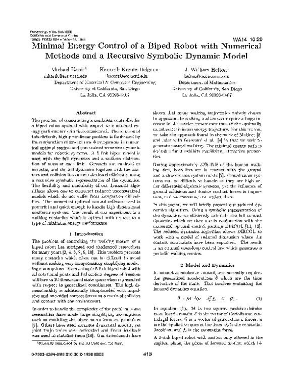 (PDF) Minimal energy control of a biped robot with numerical methods and a recursive symbolic ...