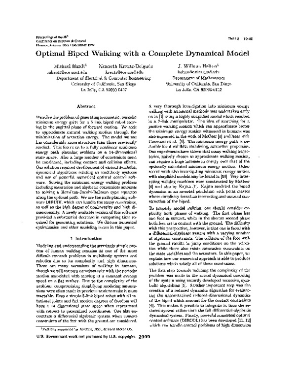(PDF) Optimal biped walking with a complete dynamical model