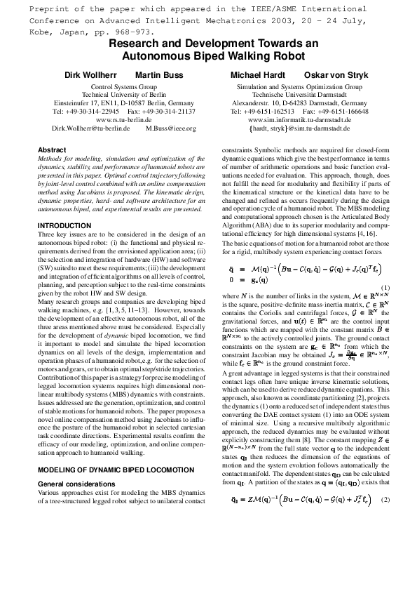 (PDF) Research and development towards an autonomous biped walking robot | Michael Hardt ...