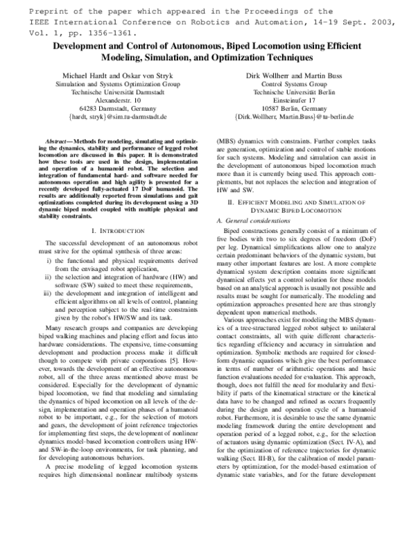 Pdf Development And Control Of Autonomous Biped Locomotion Using Efficient Modeling