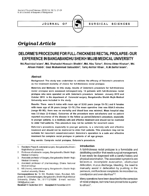 (PDF) Delorme's Procedure for Full-Thickness Rectal Prolapse - Our ...