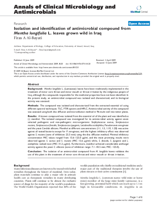 (PDF) Isolation and identification of antimicrobial compound from Mentha longifolia L. leaves ...